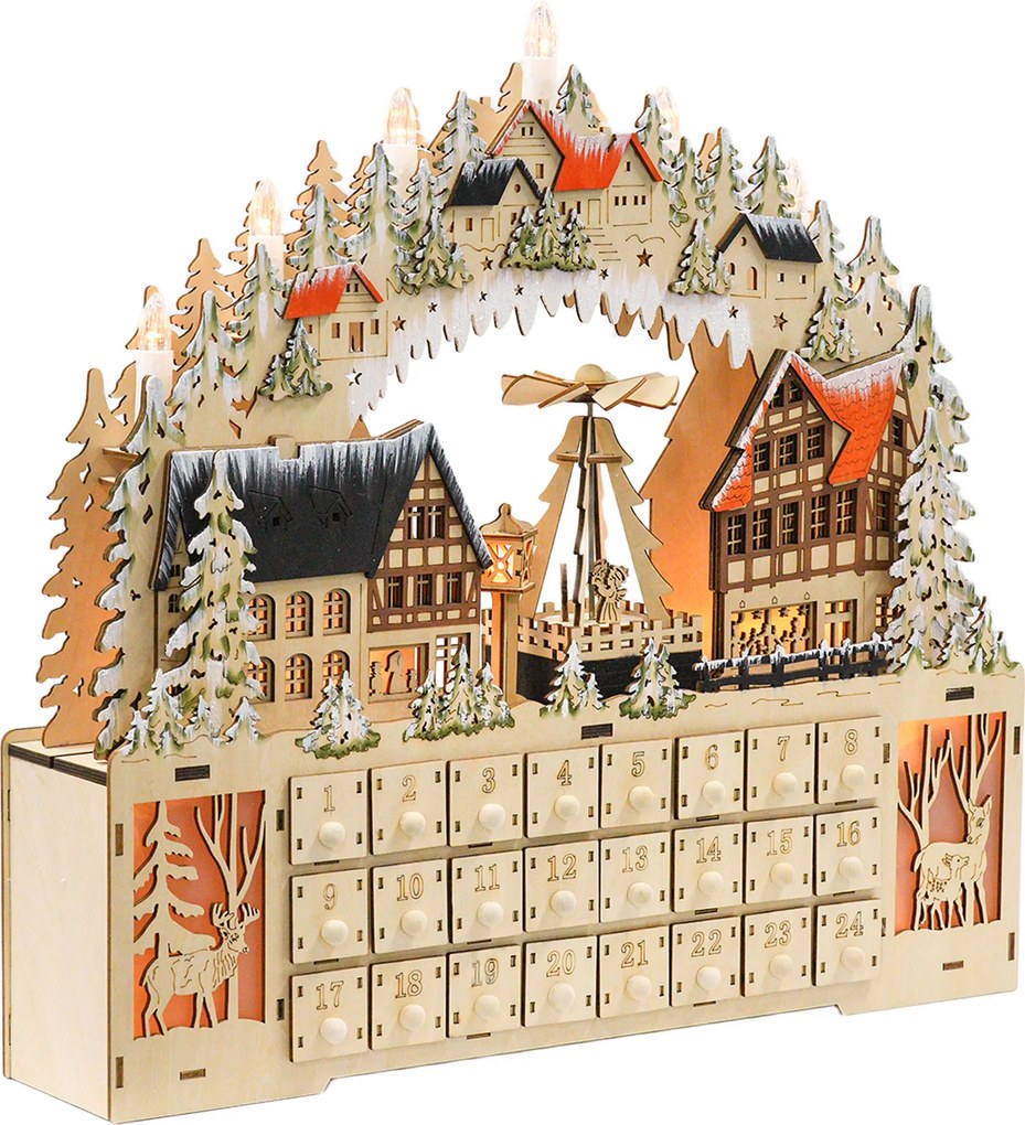 HOMCOM Adventní kalendář, vánoční vesnička, 18 LED světýlek, 24 zásuvek, opakovaně použitelný, 45 x 9 x 42,5 cm