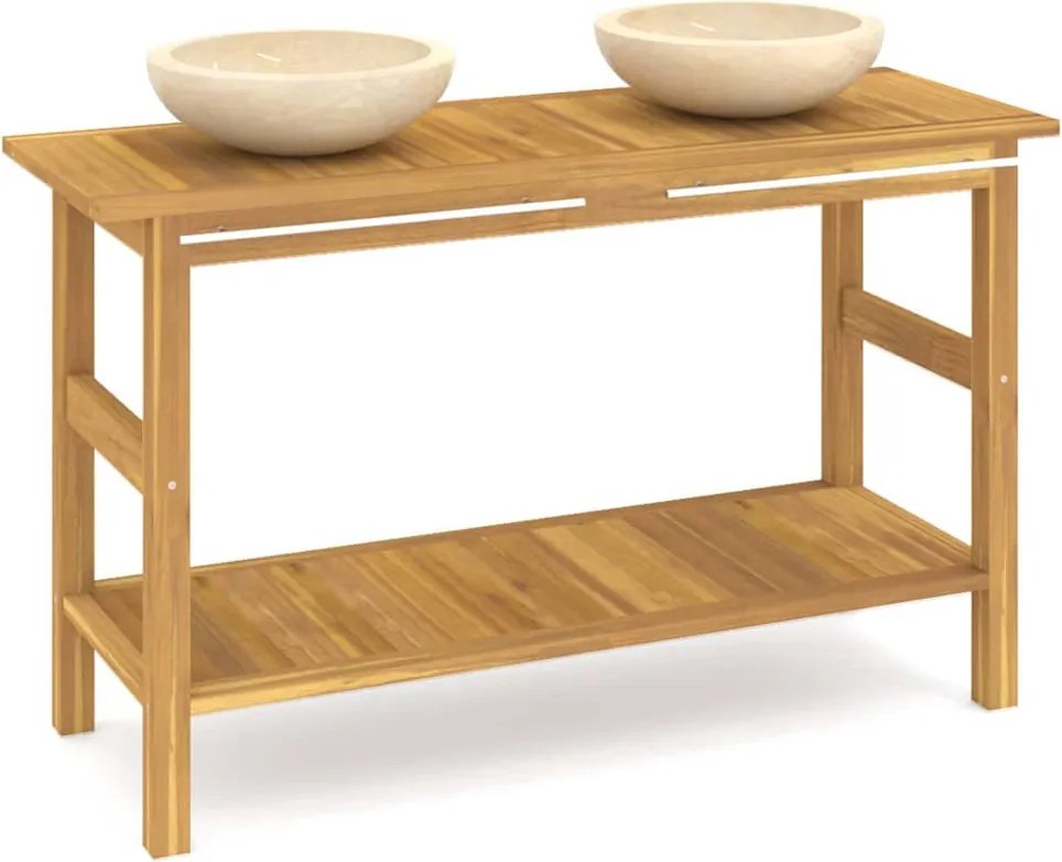Koupelnová skříňka s umyvadly z krémového mramoru masivní teak 3096580