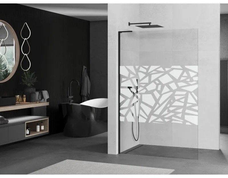 Mexen Kioto L, sprchová zástěna Walk-In 70 x 200 cm, 8mm čiré sklo bílý vzor, černý profil, 800-070-103-70-85