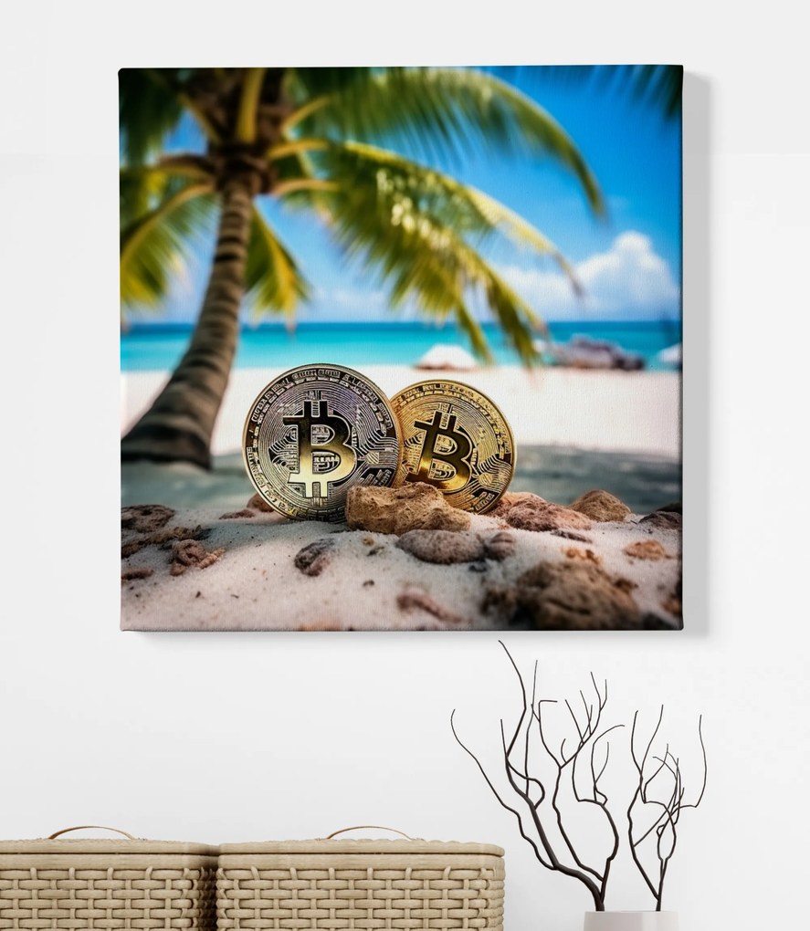 Obraz na plátně - Bitcoin, tropická pláž s palmou FeelHappy.cz Velikost obrazu: 60 x 60 cm