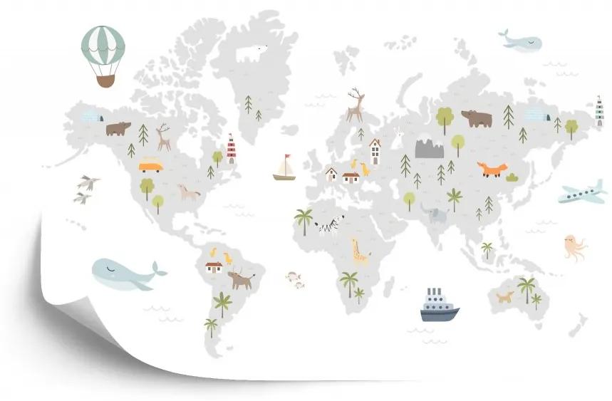 Fototapeta World Map With Cute Animals In Cartoon Style. Map For Nursery, Kids Room With Nature, Animals, Transports. Skandi Hladký vinyl 104x70.5