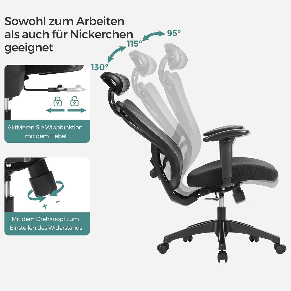 Kancelářská židle, síťová židle, s nastavitelnou bederní opěrkou a opěrkou hlavy, černá