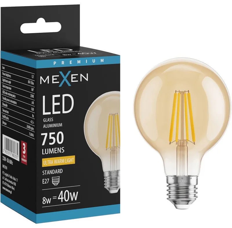 Mexen Vintis LED filamentová žárovka E27, G80, 8W, Teplá - 2200K, 750 lm, jantor - L155-E27-0822-50