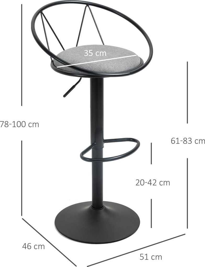 HOMCOM Sada 2 barových židlí v neo-retro designu s nastavitelným otočným kovovým podnožím, černá šedá len