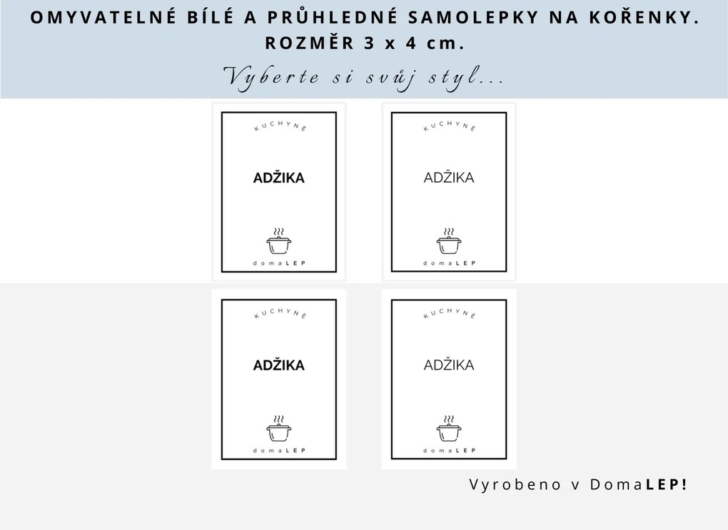 ADŽIKA - Samolepka na kořenky 3 x 4 cm - DomaLEP varianta: PRŮHLEDNÁ - základní písmo