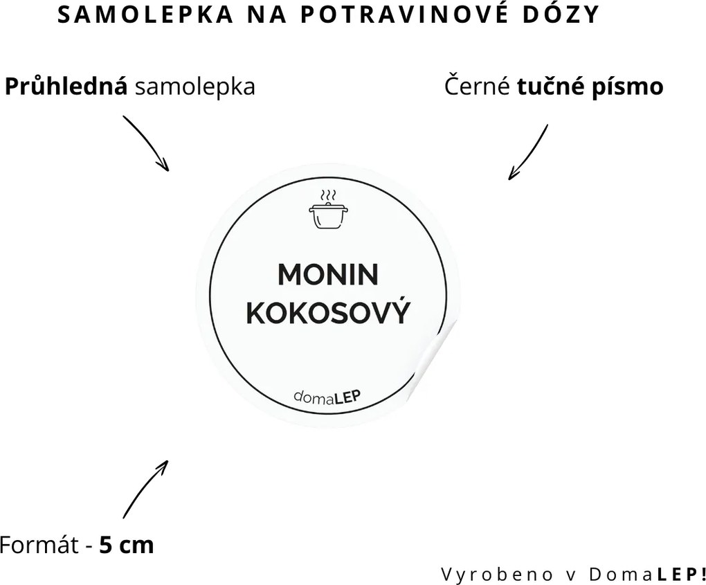 MONIN KOKOSOVÝ - omyvatelná samolepka na dózu, výběr rozměrů Ø 5 cm / 5 x 5 cm / 6 x 8 cm | DomaLEP tvar: ČTVEREC, barva: PRŮHLEDNÁ - ČERNÉ písmo, velikost: š. 5 cm x v. 5 cm - tučné písmo