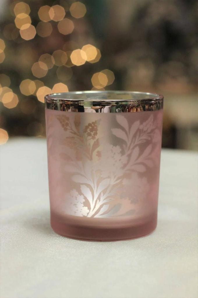 Růžový skleněný svícen Kytka 10cm