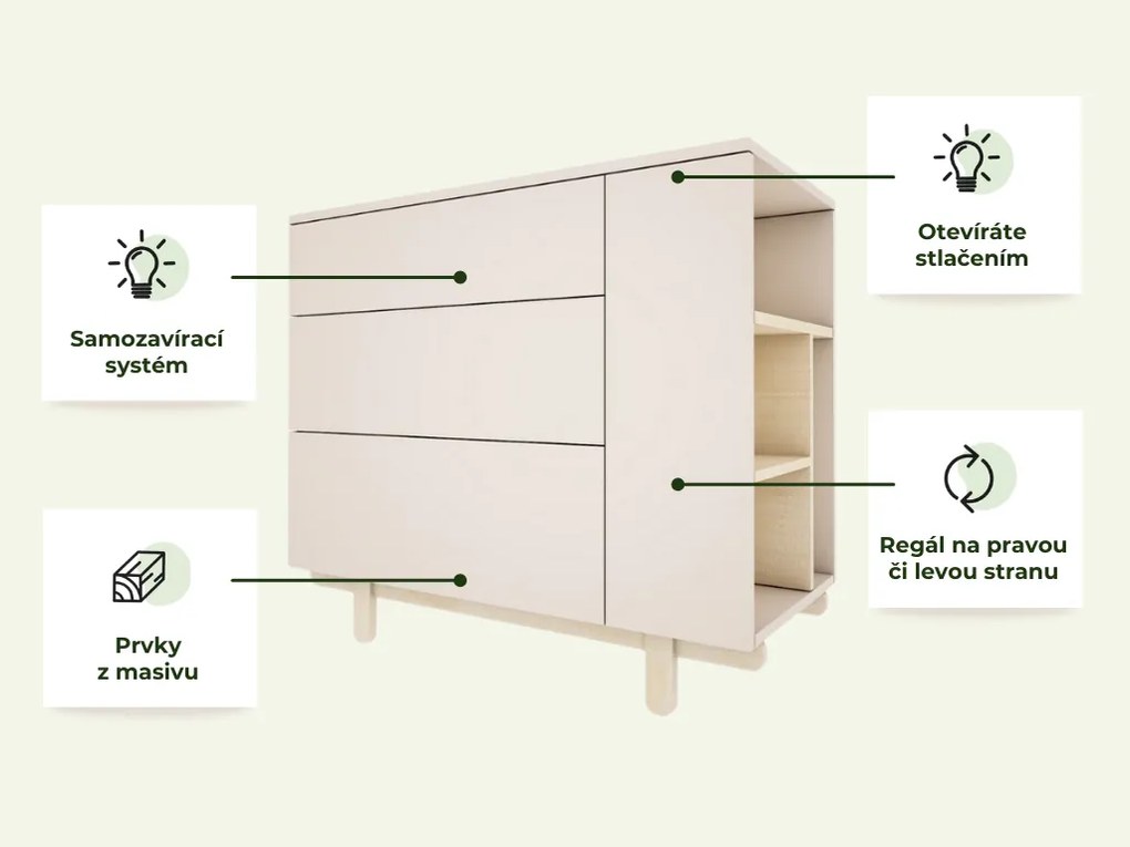 Dětská komoda se třemi šuplíky a otevřeným regálem BASIC kašmírová