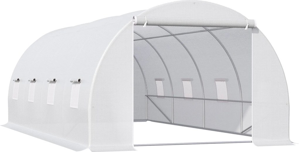 Skleník Outsunny 595x300x200cm - fóliový skleník, skleník na rajčata s dveřmi, oknem, fóliovým tunelem z pozinkované oceli, zahradní tunel v bílé barv
