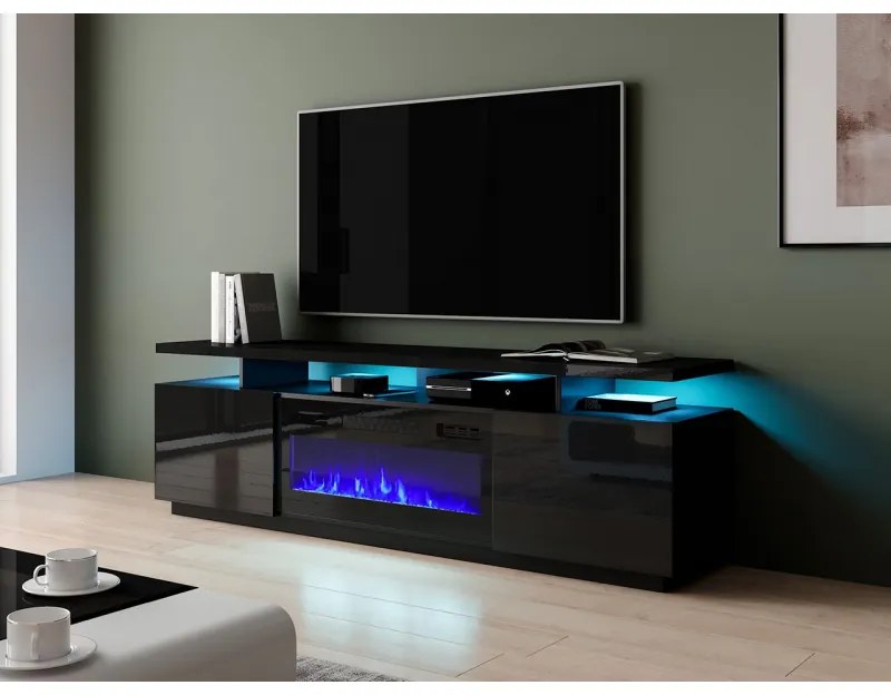 TV skříňka Aniceto s krbem, Osvětlení: osvětlení LED, Barva: grafit / grafit lesk, Krb: bílý