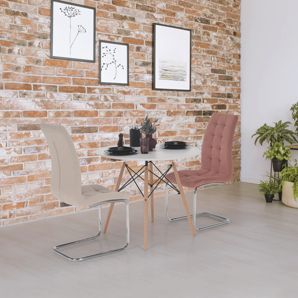 Jídelní stůl, bílá/buk, průměr 90 cm, GAMIN 2 NEW 90