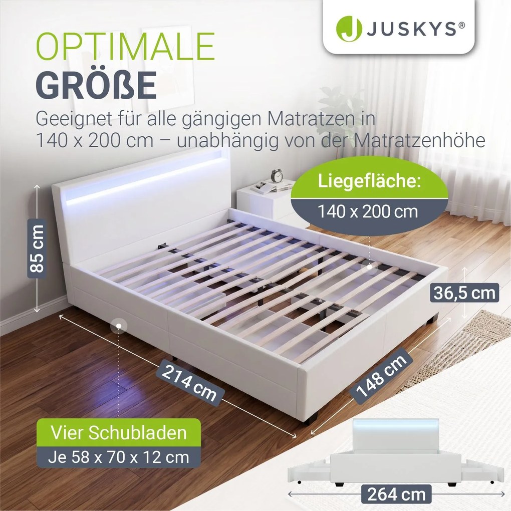 Juskys Čalouněná postel Lyon s úložným prostorem Barva: Bílá, Velikost: 140 × 200 cm