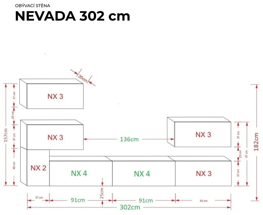 Ral Obývací stěna NEVADA 8, 302 cm - Černo/bílá lesk