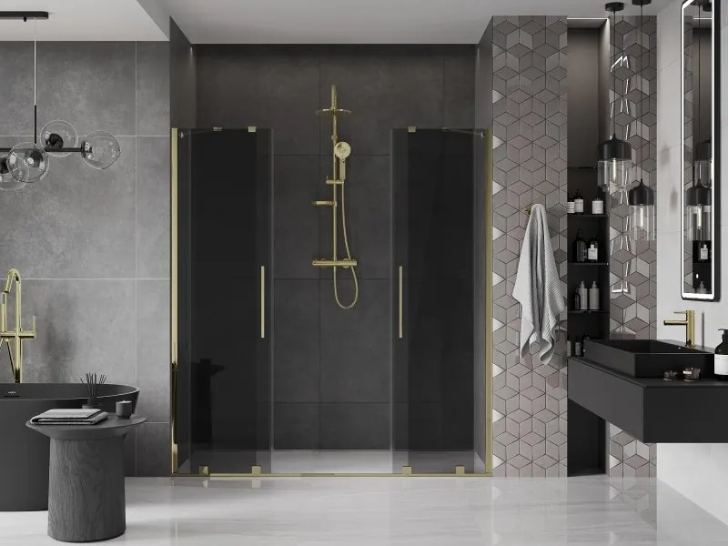Mexen Velar Duo, posuvné sprchové dveře do otvoru 180 cm, 8mm šedé sklo, zlatá lesklá, 871-180-000-42-50