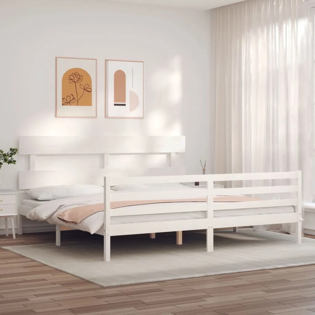 Rám postele s čelem bílý 200 x 200 cm masivní dřevo 3195112