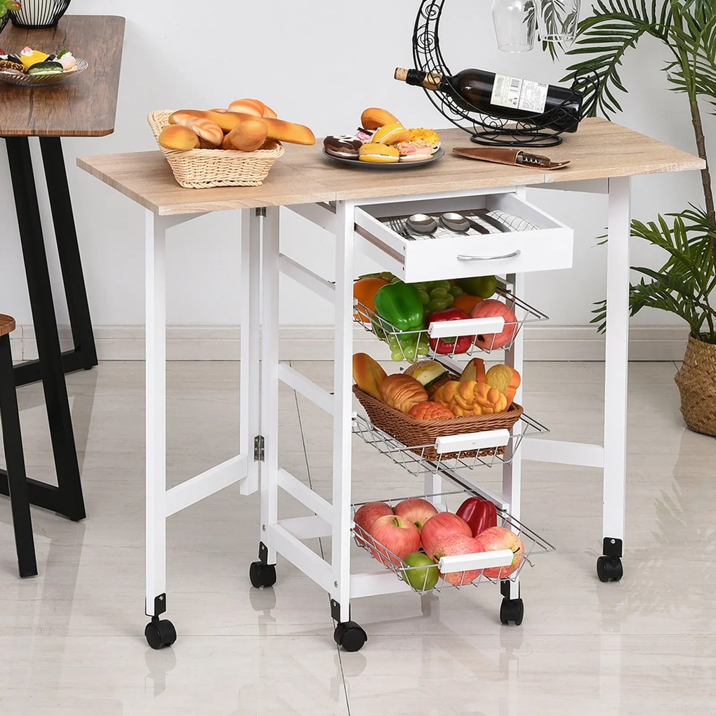 HOMCOM Skládací kuchyňský vozík s 6 koly, 1 zásuvkou a 3 kovovými koši - Multifunkční servisní vozík pro úložný prostor s nosností 50 kg, 97,2x37x77,…