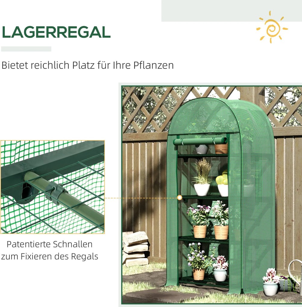 Outsunny Mini Skleník na Balkon s 4 Policemi, Mini Skleník, Zeleninový Skleník, Růstový Dům, Studený Rám, Kov, Zelený, 80 x 49 x 160 cm