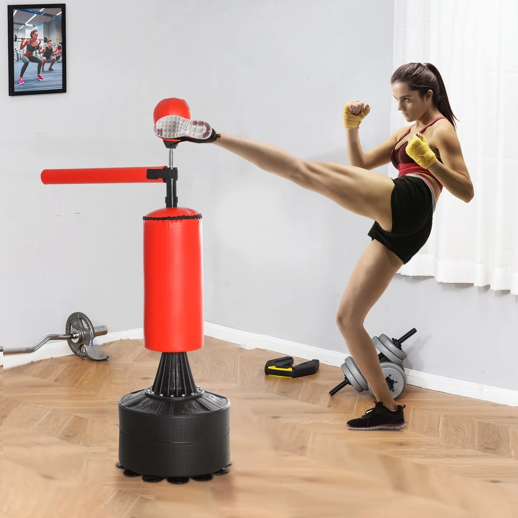 HOMCOM 3-dílná sada boxovacího pytle se stojanem, pumpou a rukavicemi 88 x 48 x 155-205 cm černá červená pro efektivní trénink boxu