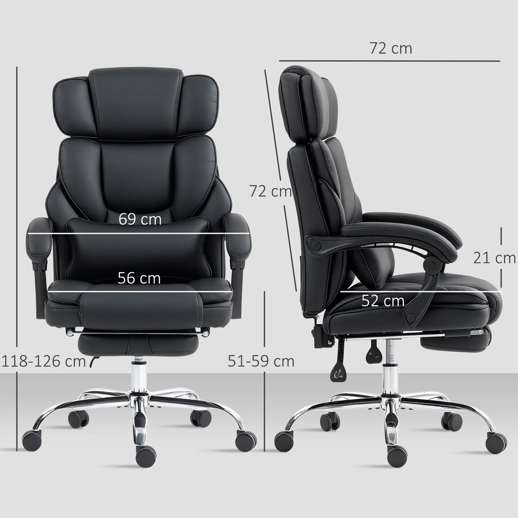 HOMCOM Kancelářská židle ergonomická, výškově nastavitelná, otočná s opěrkou bederní páteře, opěrkami rukou, opěrkou nohou, PU kůže, černá