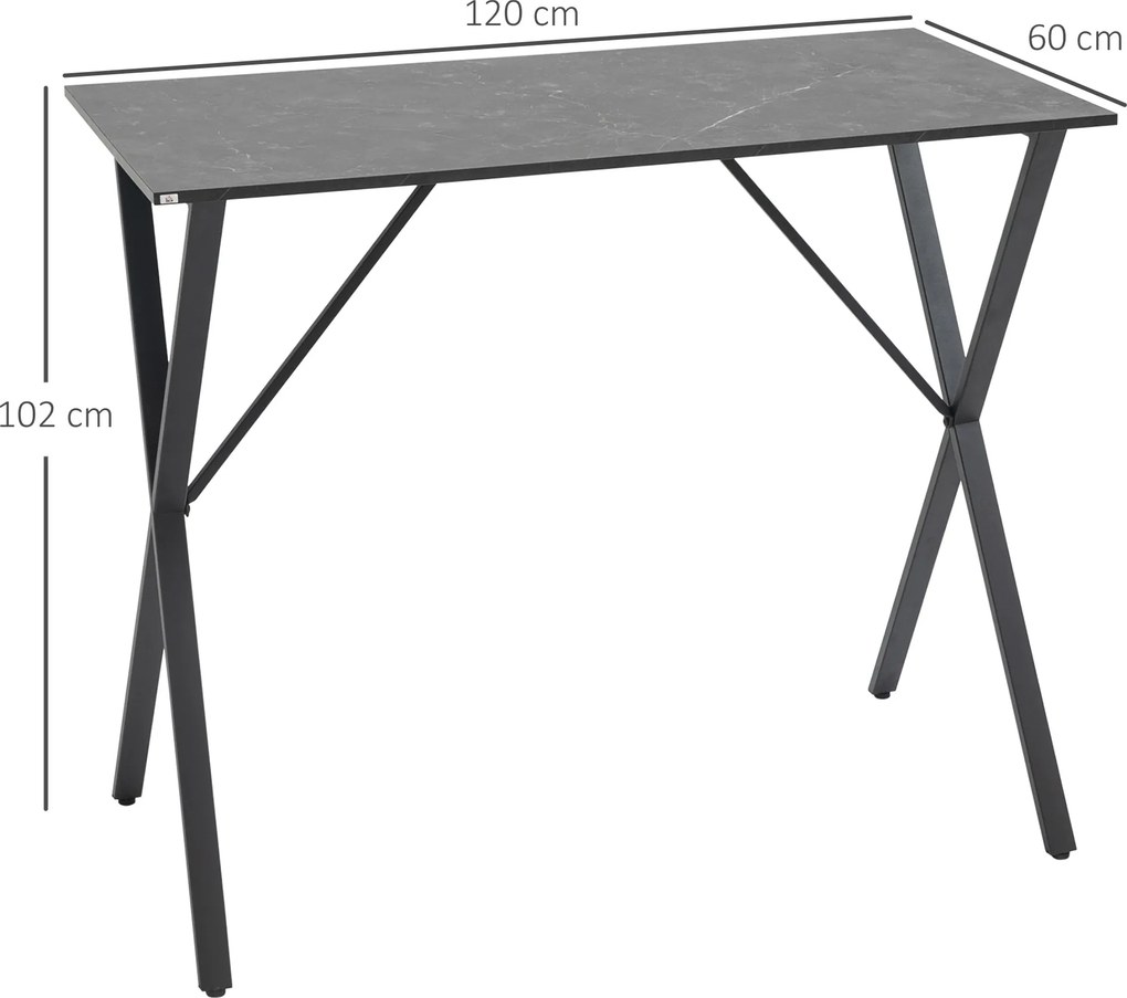 HOMCOM Moderní barová plocha v industriálním stylu, vysoký kuchyňský stůl s dřevem s mramorovým efektem a ocelí, 120 x 60 x 102 cm, černý