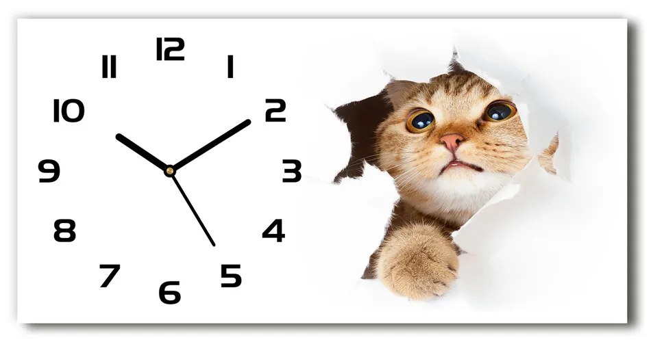 Wallmuralia Skleněné hodiny na stěnu tiché Kočka v díře 60x30 cm