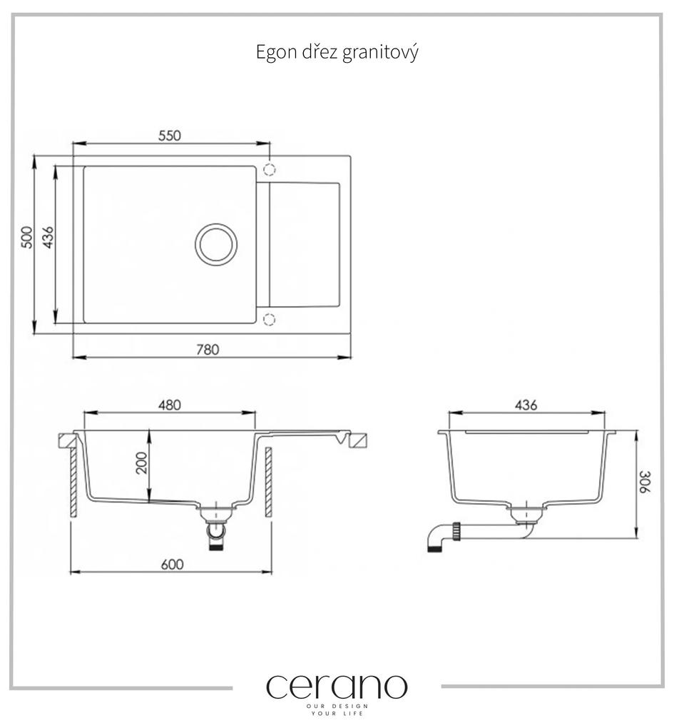 CERANO - Egon dřez granitový, 1-komorový s odkapávačem, 780 x 500 mm - černá matná