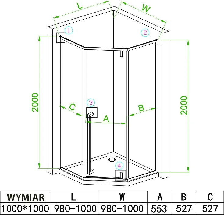 BPS-koupelny Pětiúhelníkový sprchový kout HYD-PK07C 100x100 černá/transparent + vanička HYD-PSV-SXL07C bílá