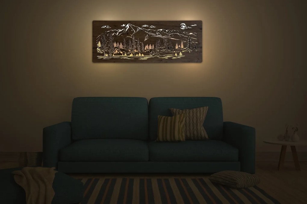 Li-Go "Chata v horách" světelný obraz s baterií 130x50cm varianta: ovládání na obraze bez dálkového ovladače, provedení: dub světlý