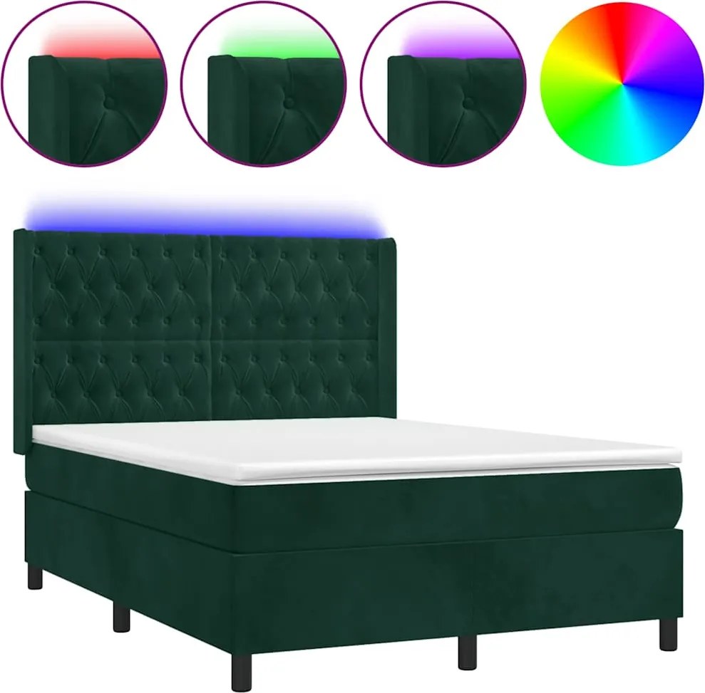 Box spring postel s matrací a LED tmavě zelená 140x200 cm samet 3139748
