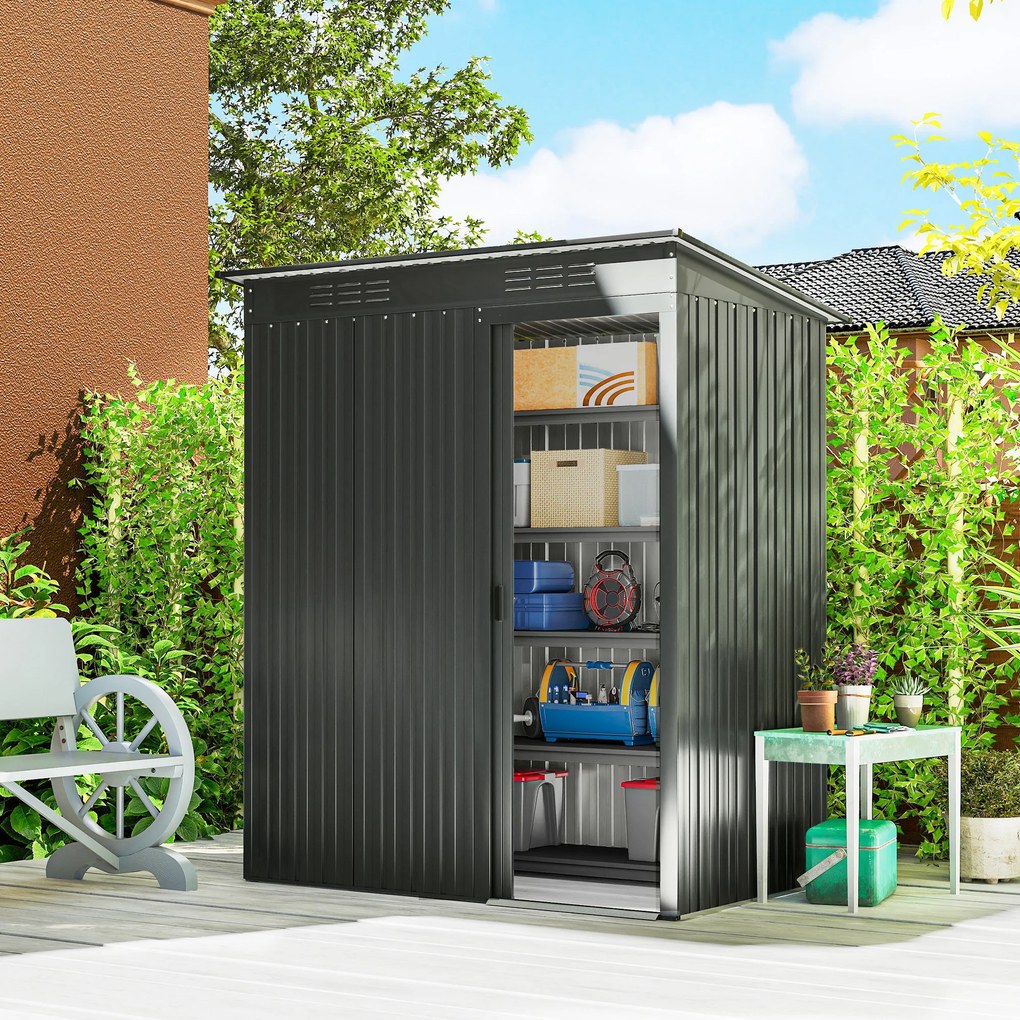 Outsunny kovová zahradní kůlna 1,37 m² — 159 x 106 x 181 cm, posuvné dveře, větrání, šikmá střecha, 2 páry rukavic, snadná montáž — tmavě šedá