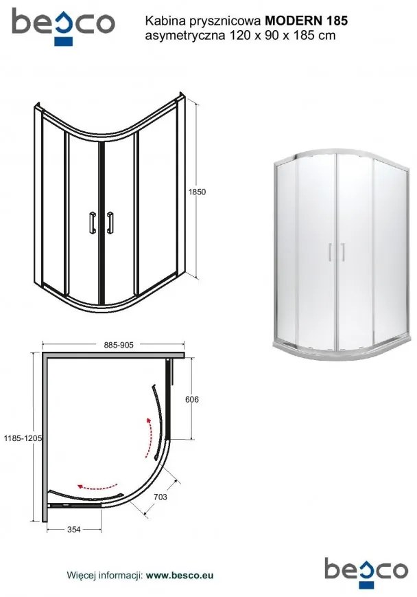 BESCO Asymetrický sprchový kout MODERN 185 BARVA rámu - Chrom/Leštěný hliník (ALU), Rozměr A - 120 cm, Rozměr B - 90 cm, Rozměr C - 185 cm, Směr zavírání - Univerzální Levé / Pravé, Výplň - Čiré bezpečnostní sklo - 6 mm BCMOD1290CC