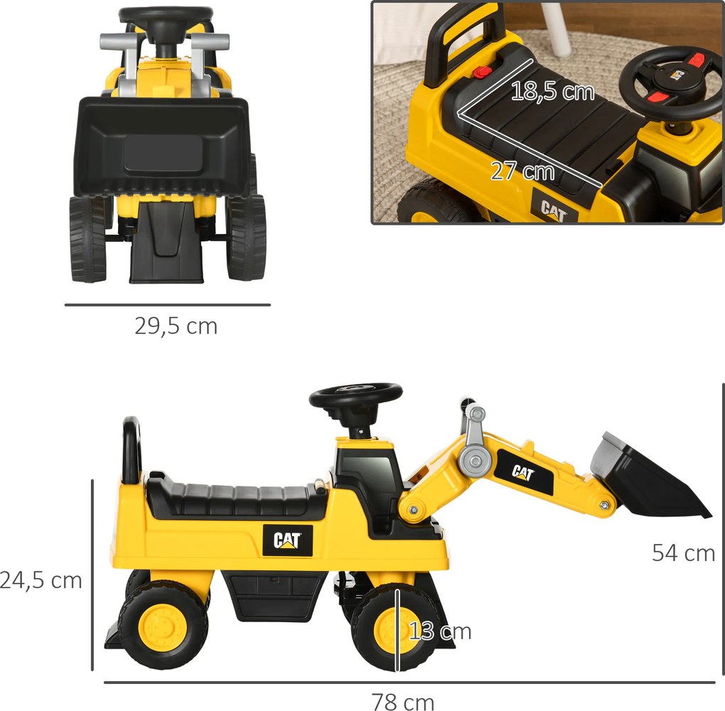 HOMCOM jezdící bagr s lopatou a klaksonem, úložný prostor pro děti od 12 měsíců, žlutočerný 85x27.5x47.5cm | Aosom.de