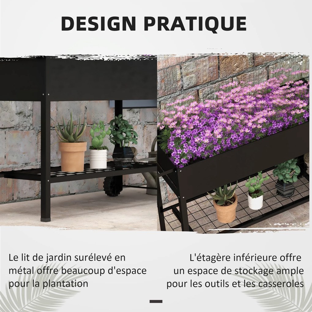 Metalová pěstební miska Outsunny se stojanem a policí 104L x 39Š x 80V cm 2 kola + zavlažovací vložka Černá