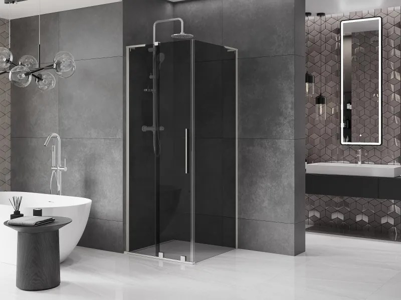 Mexen Velar L, sprchový kout s posuvnými dveřmi 90 x 90 cm, 8mm šedé sklo, broušená ocel, 871-090-090-43-97