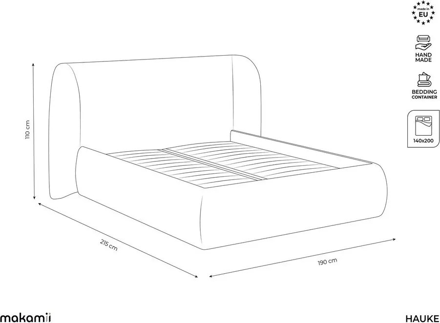 Světle šedá čalouněná dvoulůžková postel s úložným prostorem s roštem 140x200 cm Hauke – Makamii
