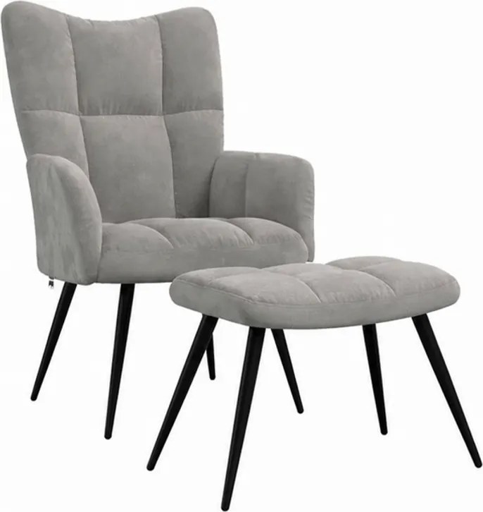 křeslo relaxační, s podnožkou, odpočinkové, ušák, kov/samet, 98x63x69 cm, černá/světle šedá, Dekorino KR20260015