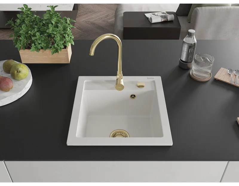 Mexen Vito, granitový dřez 520x490x210 mm, 1-komorový, bílá se zlatým sifonem, 6503521000-20-G