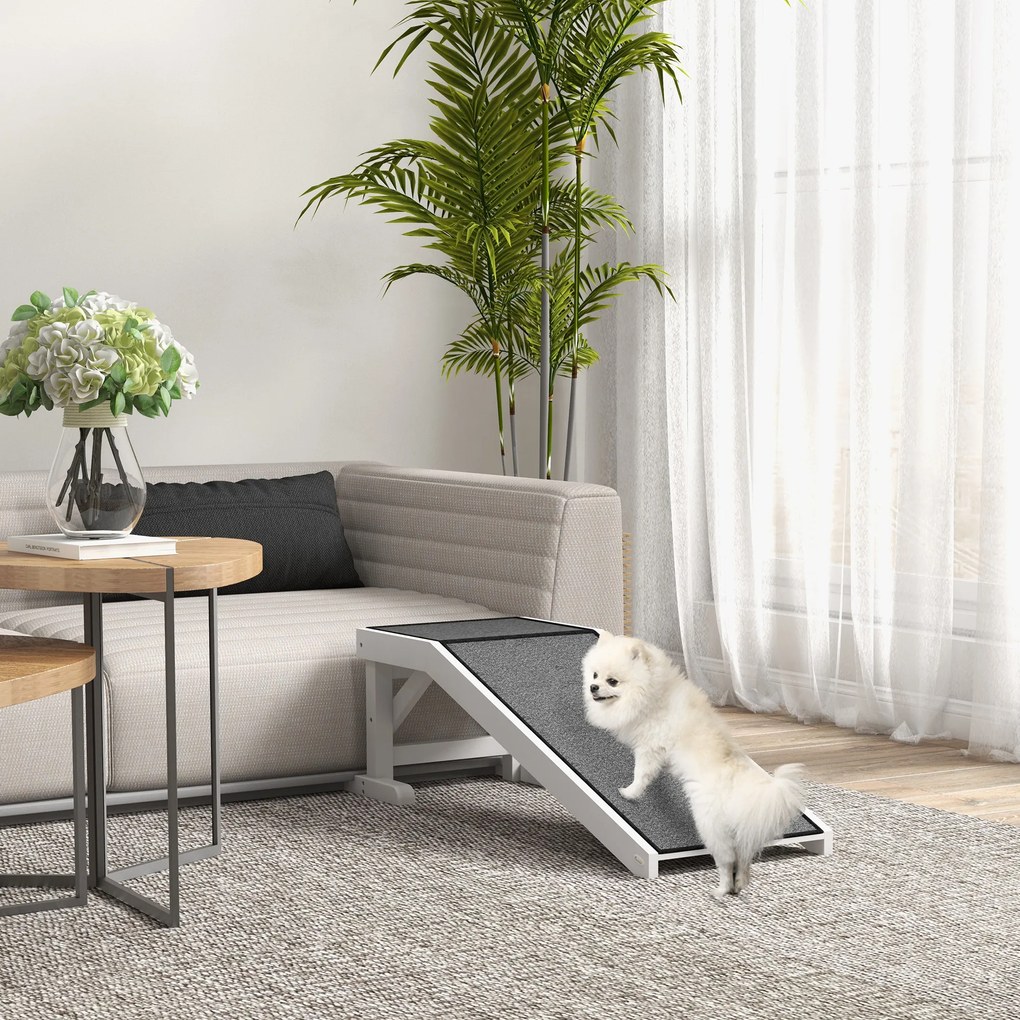 PawHut Rampa pro psy s protiskluzovým kobercem Žebřík pro psy Rampa pro psy do 30 kg Borovicové dřevo Polyester Bílá+Šedá 125 x 40 x 35,5 cm | Aosom
