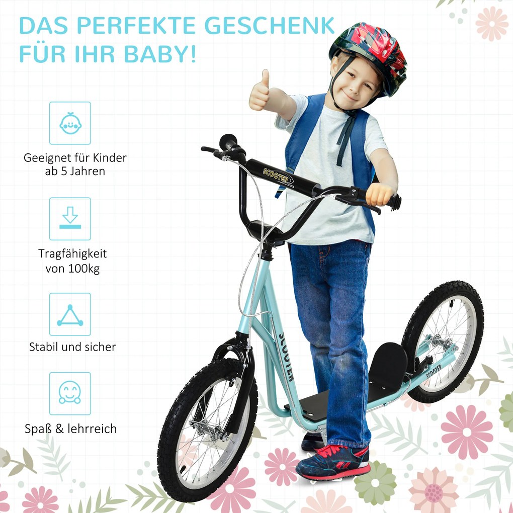 HOMCOM Dětská koloběžka Scooter Skládací koloběžka s pneumatikami a ruční brzdou, městská koloběžka, dobrodružství pro děti od 5 let, 16 palců| Aosom