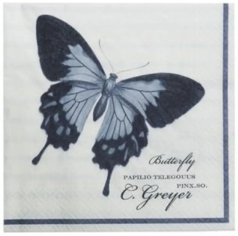 Papírové ubrousky MOLLY, bílé s modrým motýlem, 40 x 40 cm