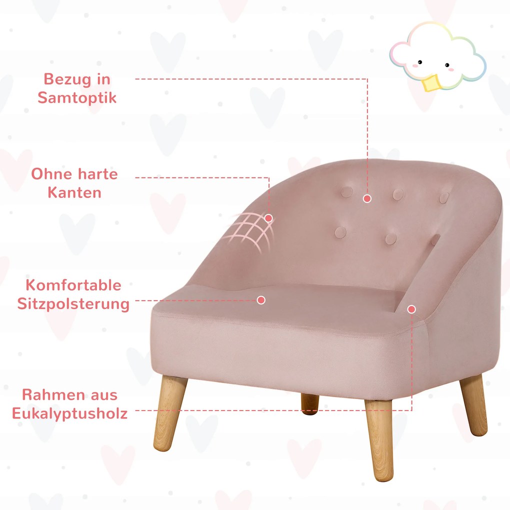 Dětské křeslo HOMCOM s otománem pro děti od 3 do 5 let, roztomilý design, sametový vzhled, 51 x 50 cm, růžová