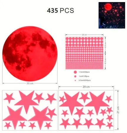 Samolepky na zeď - svítící měsíc s hvězdami Varianta: set E - velký červený měsíc + hvězdy, 435ks
