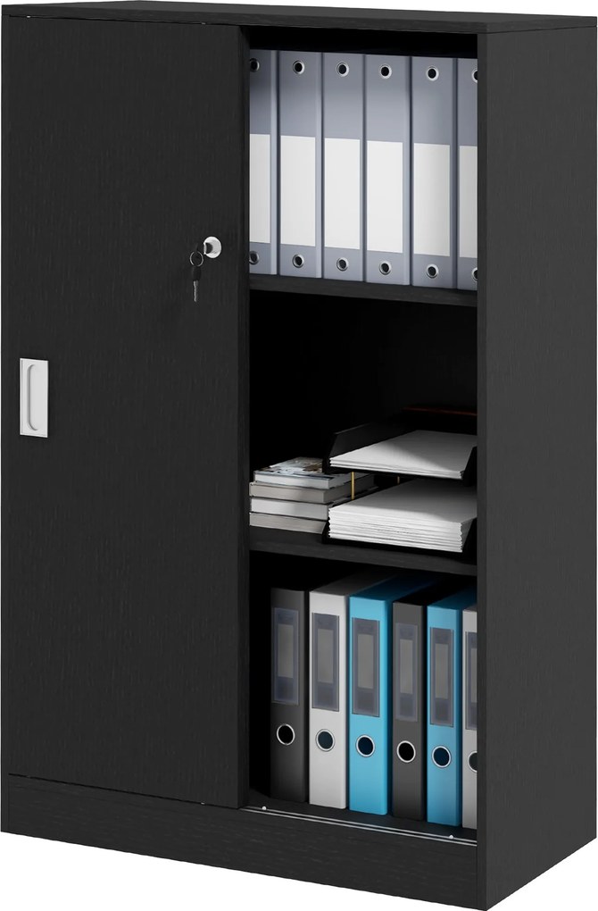 HOMCOM Zamykatelný kancelářský skříň s posuvnými dveřmi rozměry 80Š x 40H x 120V cm 2 police Dřevotříska Černá
