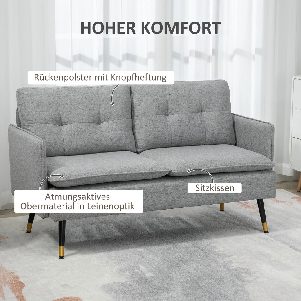 HOMCOM Dvoumístná pohovka loveseat s polštáři ve vzhledu lnu, dvojsedák do obývacího pokoje a ložnice, šedá, 139 x 68 x 76 cm | Aosom.de