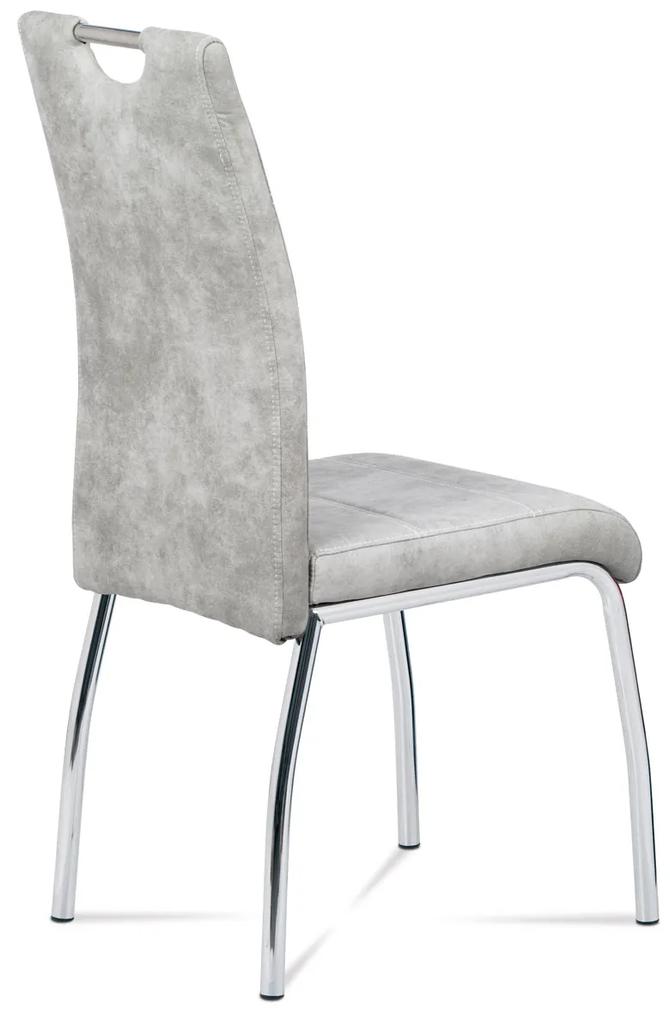 Jídelní židle NAOMI, stříbrná látka v dekoru vintage kůže, bílé prošití
