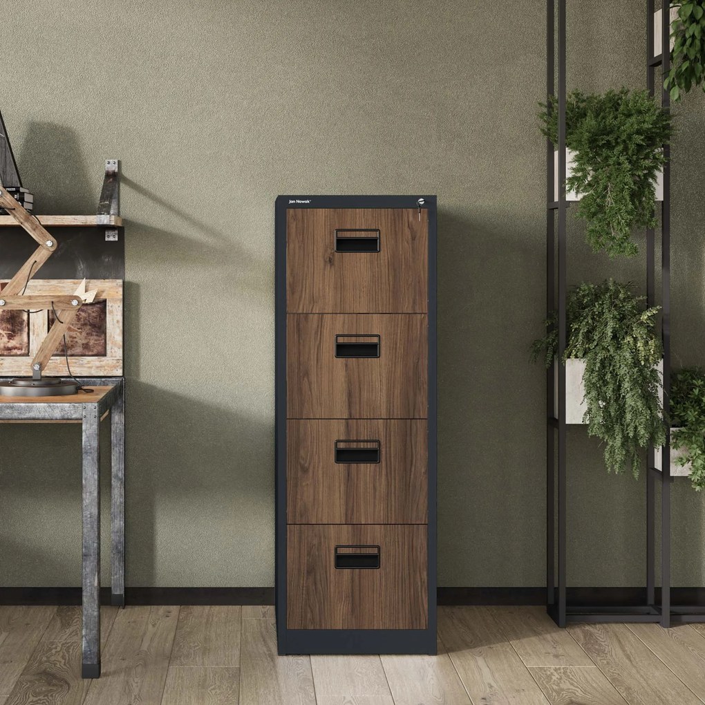Kovová kartotéková skříň se 4 zásuvkami, antracit/ořech, 460x1320x620 mm: SARA Eco Design