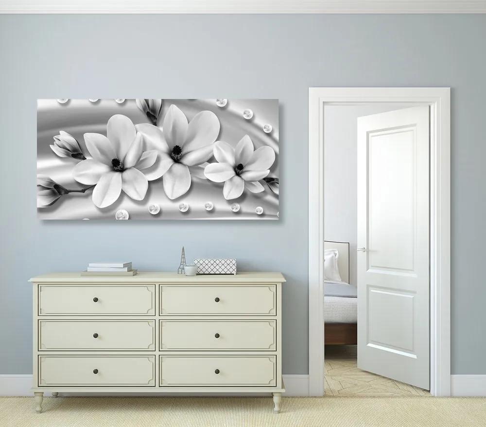 Obraz luxusní magnolie s perlami v černobílém provedení - 120x60 cm