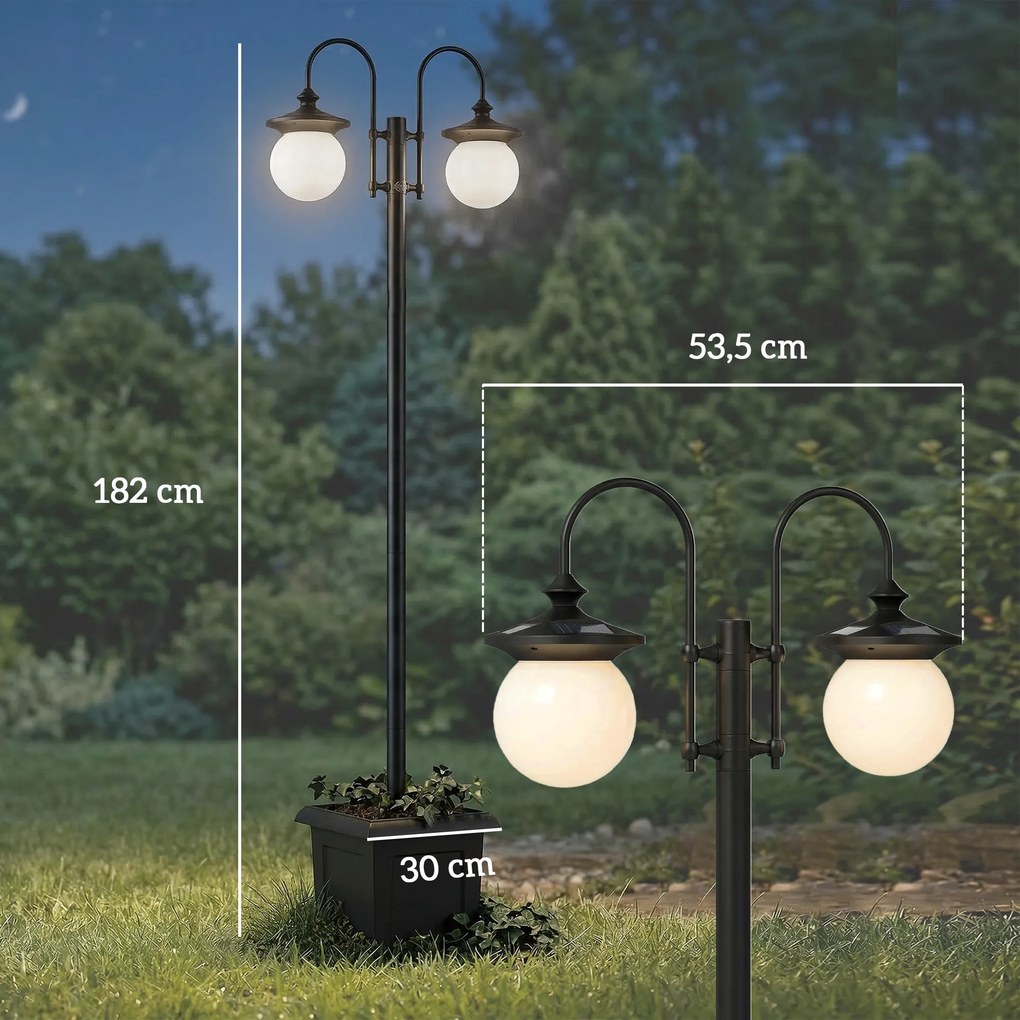 Outsunny Solární lucerna stojací lampa, výška nastavitelná 182 cm, venkovní zahradní lucerna se 2 hlavami, květináč, světelný senzor, vypínač, IP44