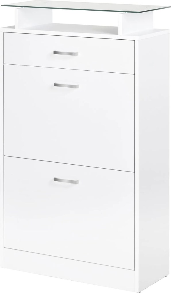 HOMCOM Botník s 3 šuplíky, skleněnou policí a hliníkovými úchyty pro předsíň, nosnost 50 kg, 60x24x105,5 cm, bílý | Aosom