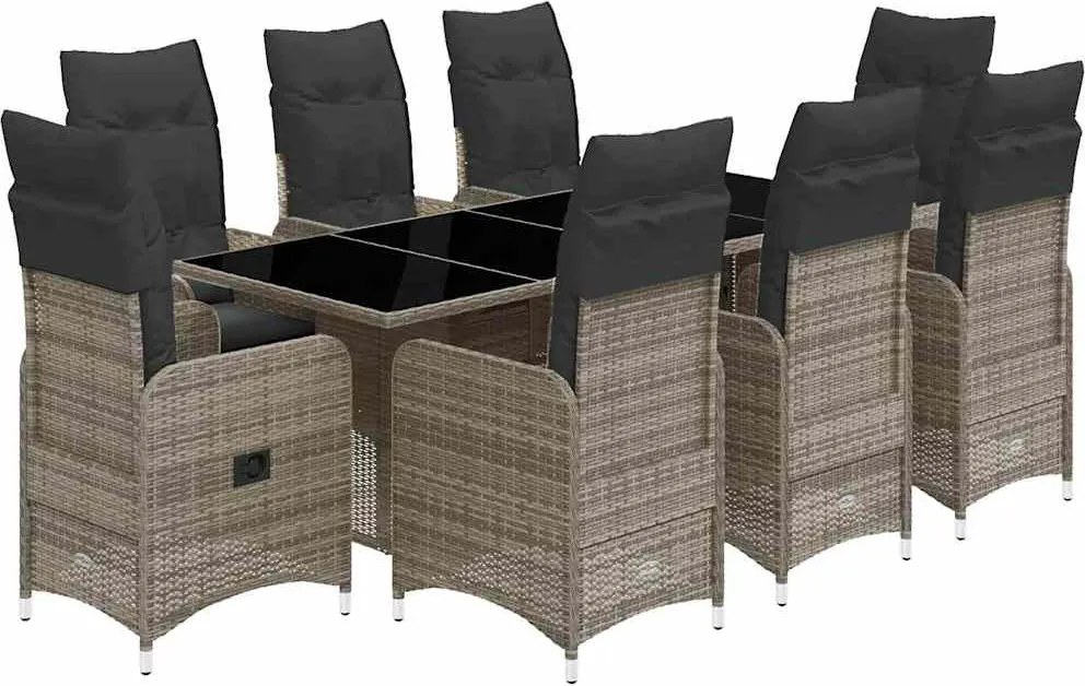 9dílný zahradní bistro set s poduškami šedý polyratan 3277042